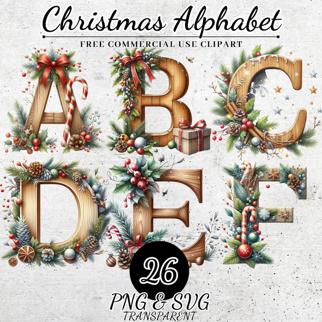 Christmas Wooden Alphabet Clipart, Retro Christmas Sublimation Letters ...