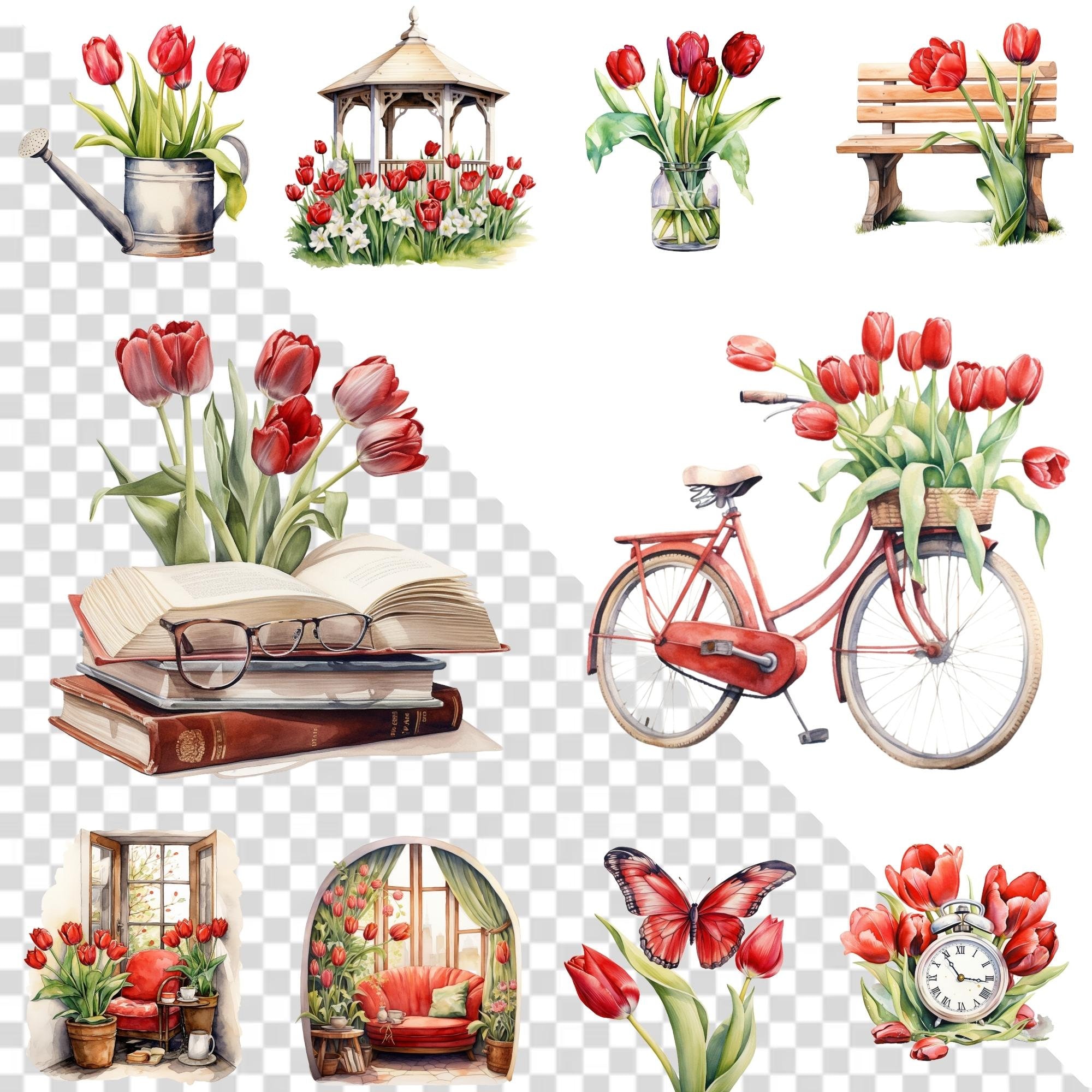 Watercolor Red Tulip Garden Clipart, Spring Decorations Clipart ...