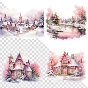 Watercolor Pink Winter Landscape Clipart, Winter Holidays Clip Art ...