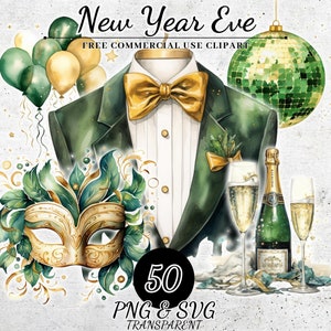 Watercolor Happy New Year Clipart Bundle, New Years Decorations PNG SVG ...