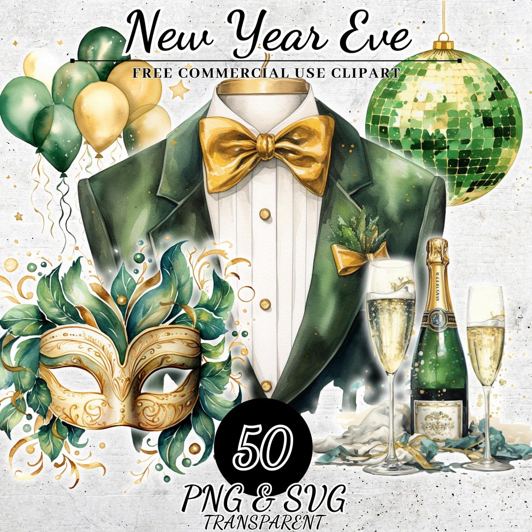 Watercolor Happy New Year Clipart, Gold New Years Decorations PNG SVG ...