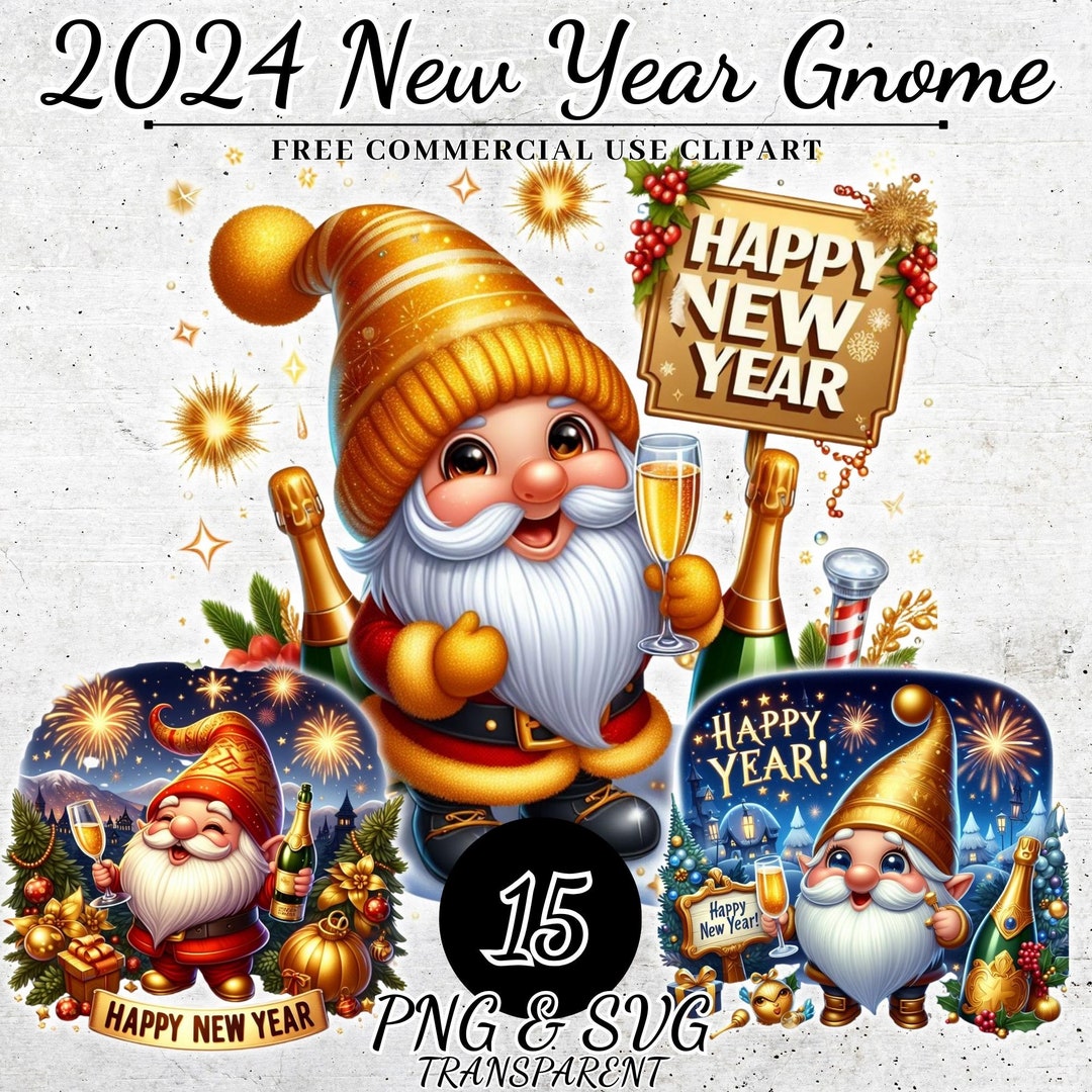 Happy New Year Gnome Clipart, New Years Decorations PNG SVG, Garden ...