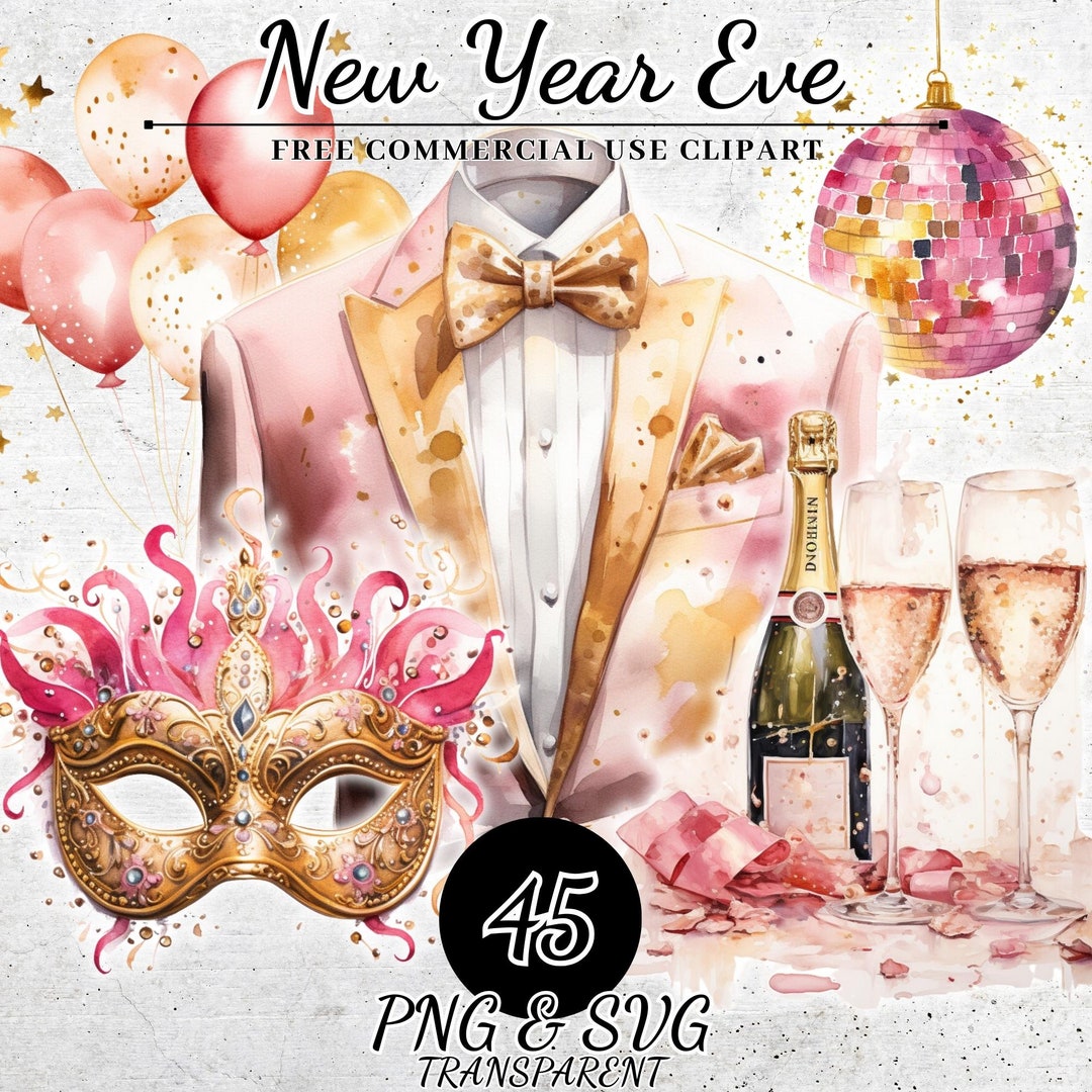 Watercolor Happy New Year Clipart, Pink New Years Decorations PNG SVG ...
