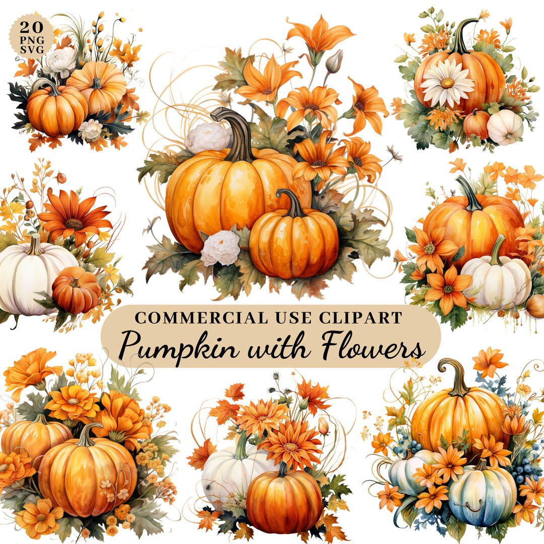 Pumpkin Bouquet Flowers Watercolor Clipart Bundle, Autumn Fall ...