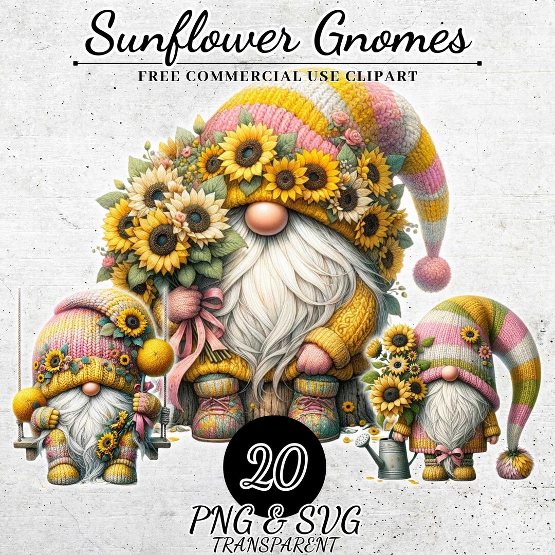 Downloadable Sunflower Gnome Clipart, Festive Gnome Clipart, Gnomes ...