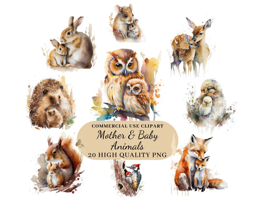 Watercolor Animals Mommy and Baby Clipart, Cute Mother's Day Animals ...