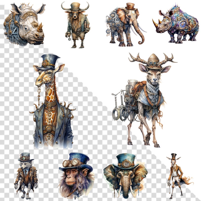 Watercolor Steampunk Safari Animals Clipart Bundle - Etsy