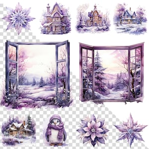 Watercolor Purple Winter Scene Clipart Bundle, Winter Holidays Clip Art ...
