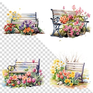 Watercolor Garden Bench Clipart, Spring Decorations Clipart, Spring ...