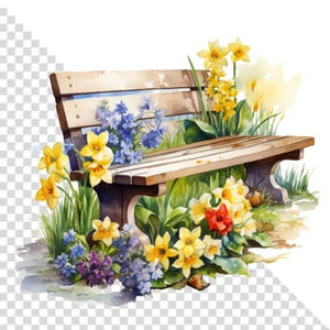 Watercolor Garden Bench Clipart, Spring Decorations Clipart, Spring ...