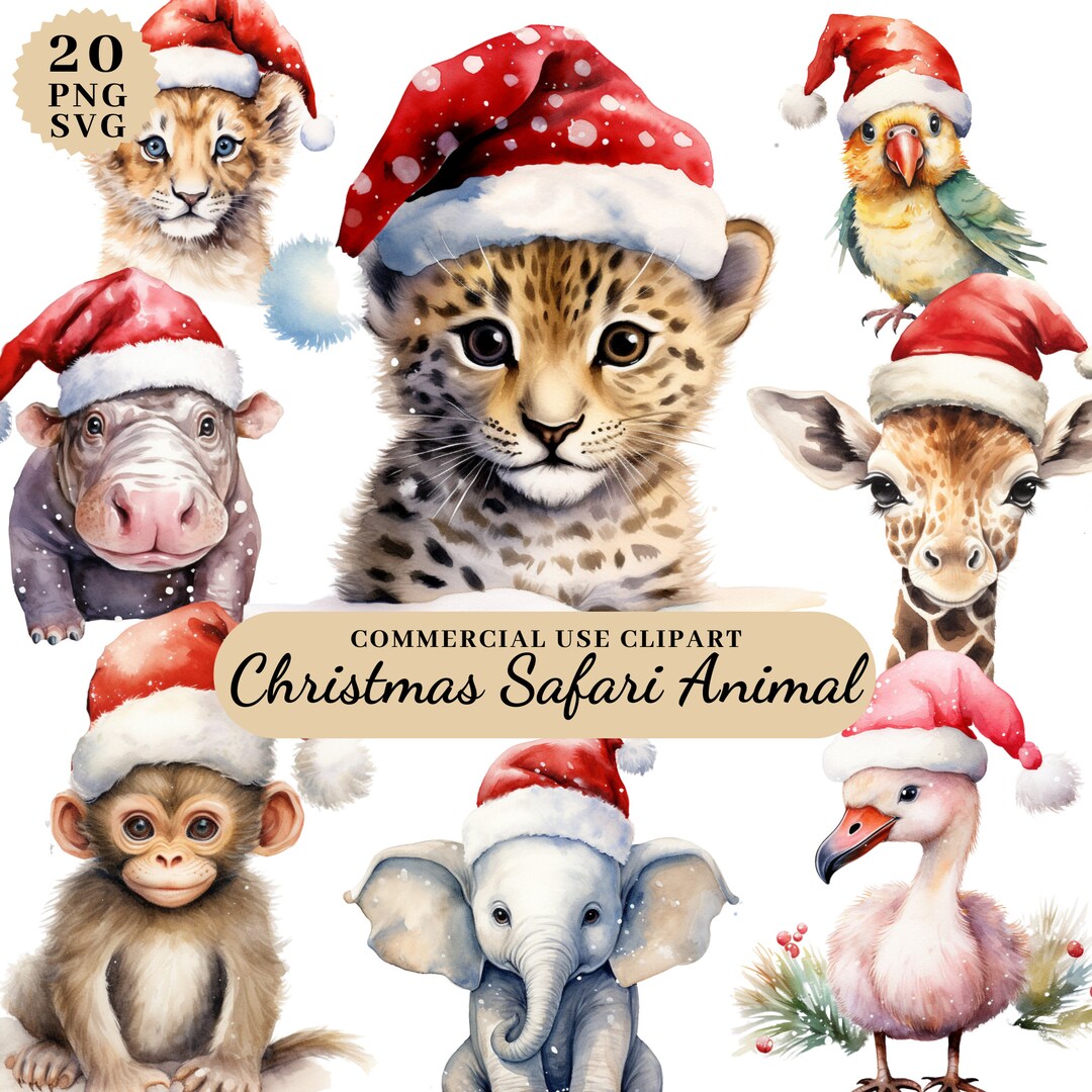 Watercolor Christmas Safari Animal Clipart, Jungle Safari Christmas ...