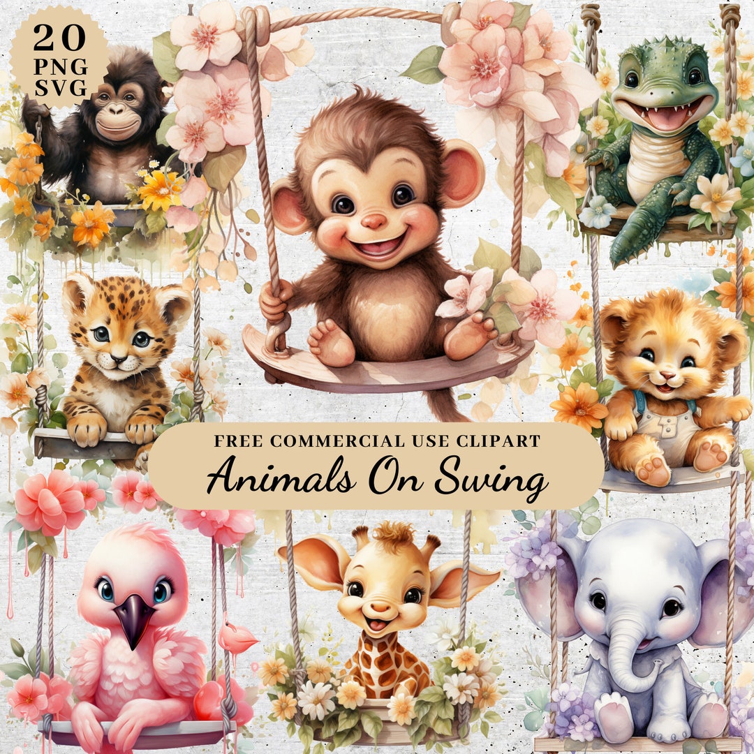 Watercolor Cute Baby Animals on Swing Clipart, Printables Birthday ...