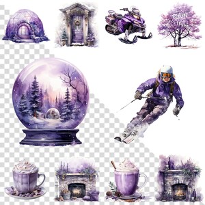 Watercolor Purple Winter Scene Clipart Bundle, Winter Holidays Clip Art ...