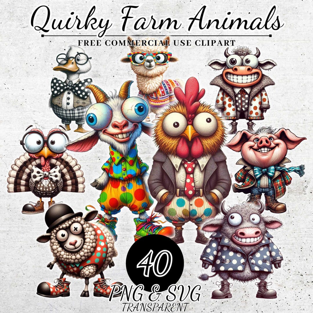 Quirky Farm Animal Clipart Bundle, Funny Farm Animal Illustrations ...