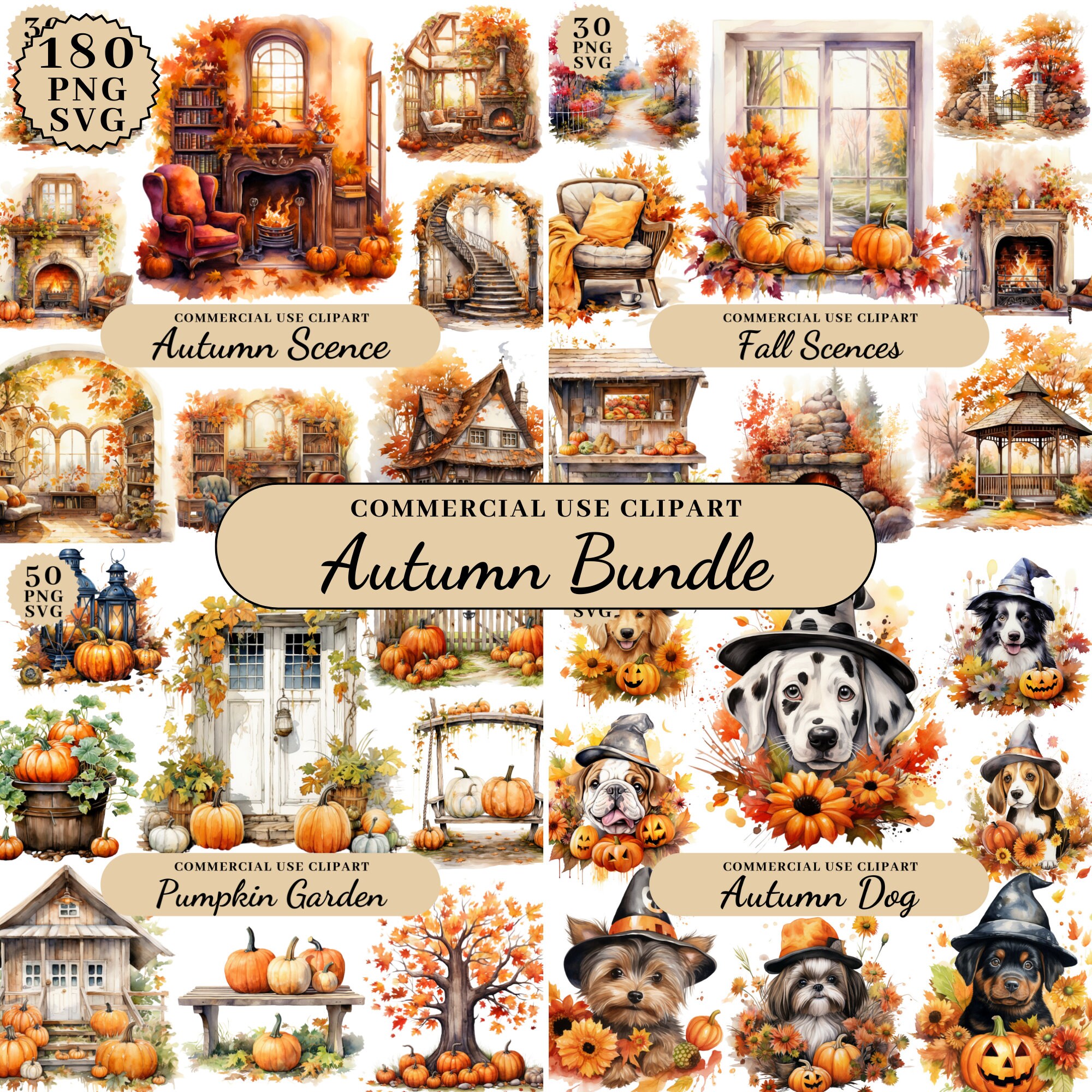 Watercolor Pumpkin Garden Clipart Bundle Fall Scences - Etsy