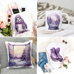 Watercolor Purple Winter Scene Clipart Bundle, Winter Holidays Clip Art ...