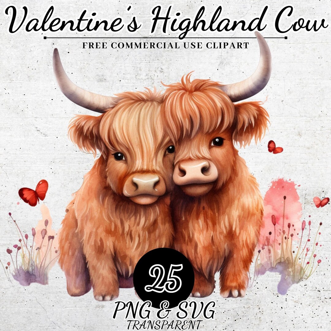 Valentines Baby Highland Cow Clipart, Watercolor Valentines Day ...