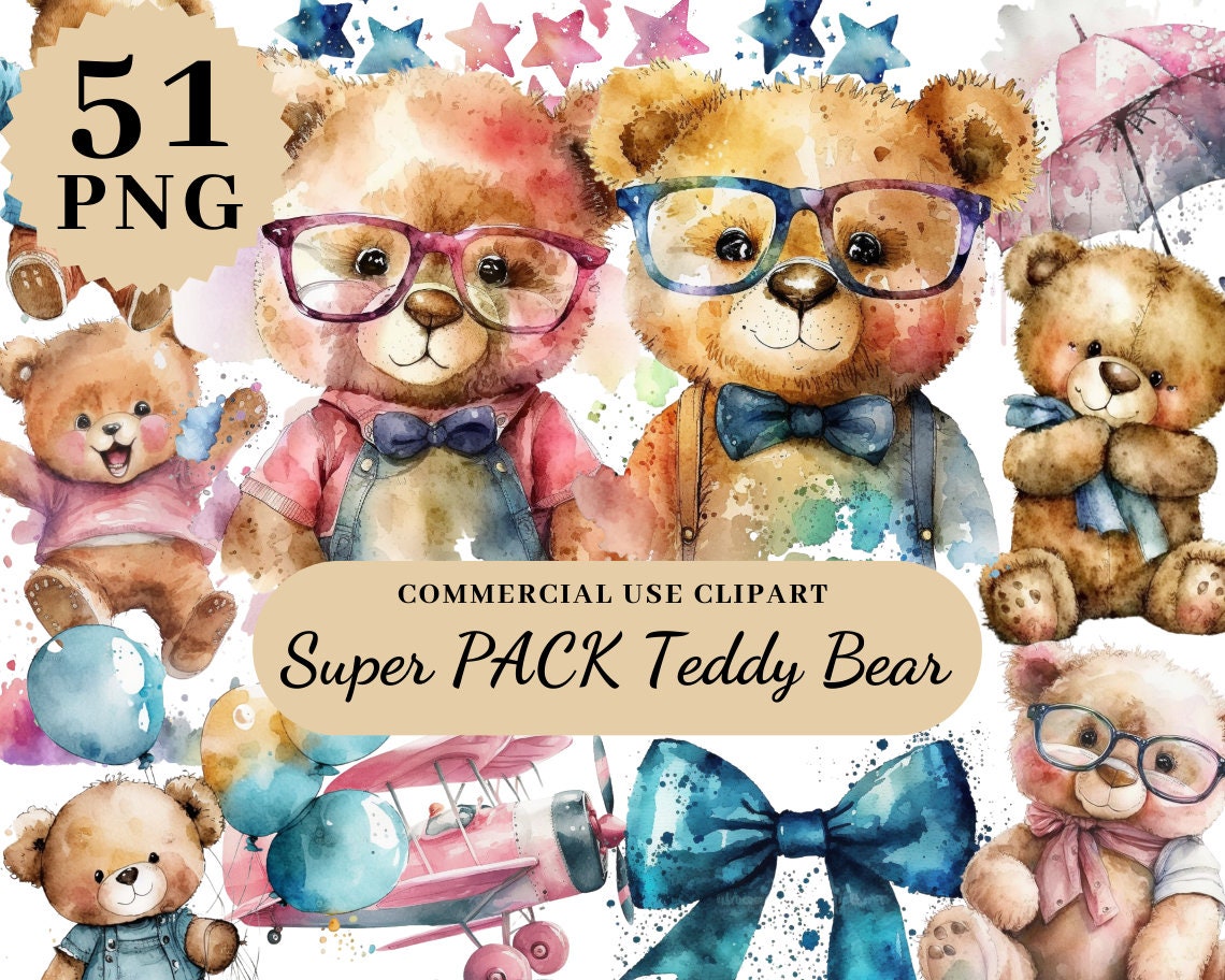 51 PNG Watercolor Blue Pink Teddy Bear Clip Art Pack, Baby Shower ...