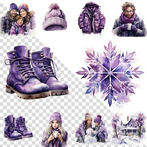 Watercolor Purple Winter Scene Clipart Bundle, Winter Holidays Clip Art ...