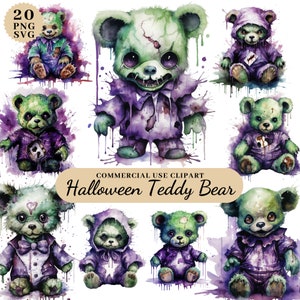 Watercolor Scary Teddy Bear Halloween Clipart, Halloween Bear Decor ...