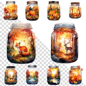 Watercolor Autumn Jar Clipart Bundle, Fall Scences Clipart, Autumn Fall ...