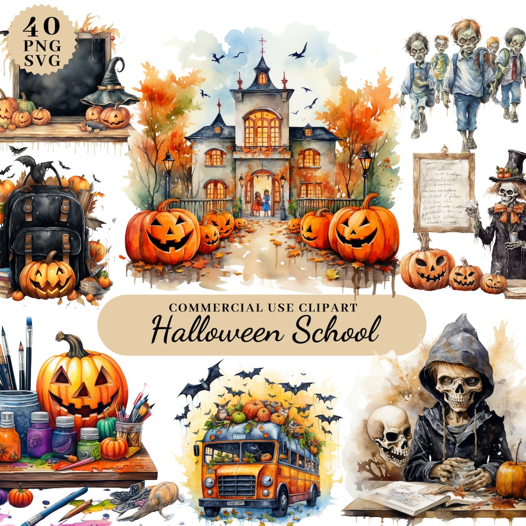 Watercolor Halloween Scholl Clipart Bundle, Digital Junk Journal ...