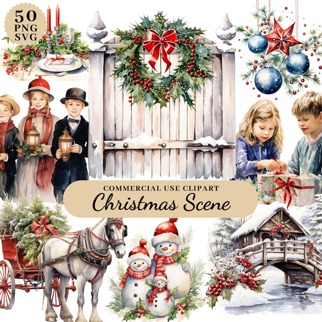 Watercolor Christmas Scene Clipart, Christmas Decorations Clipart ...