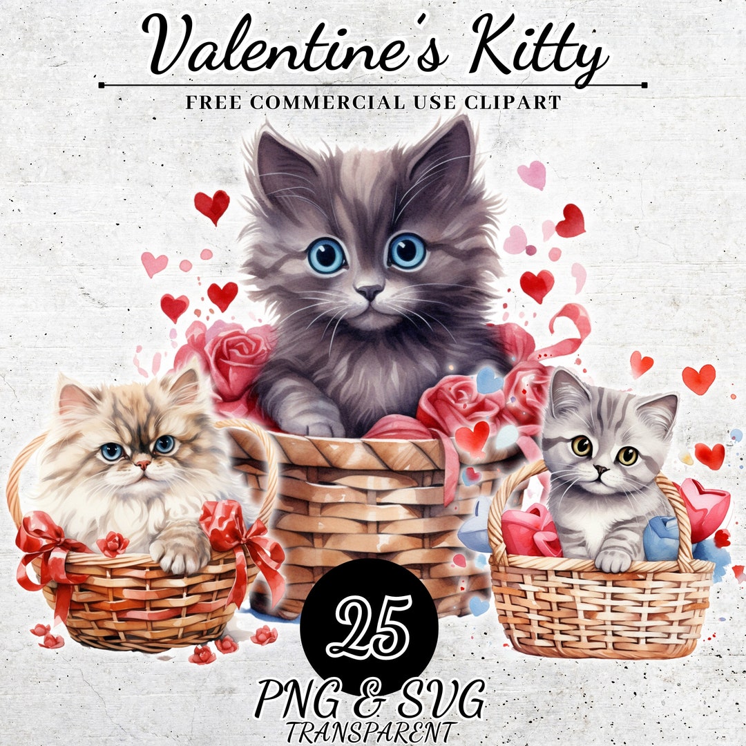 Watercolor Cute Kitty in Basket Clipart, Valentines Day Downloadable ...