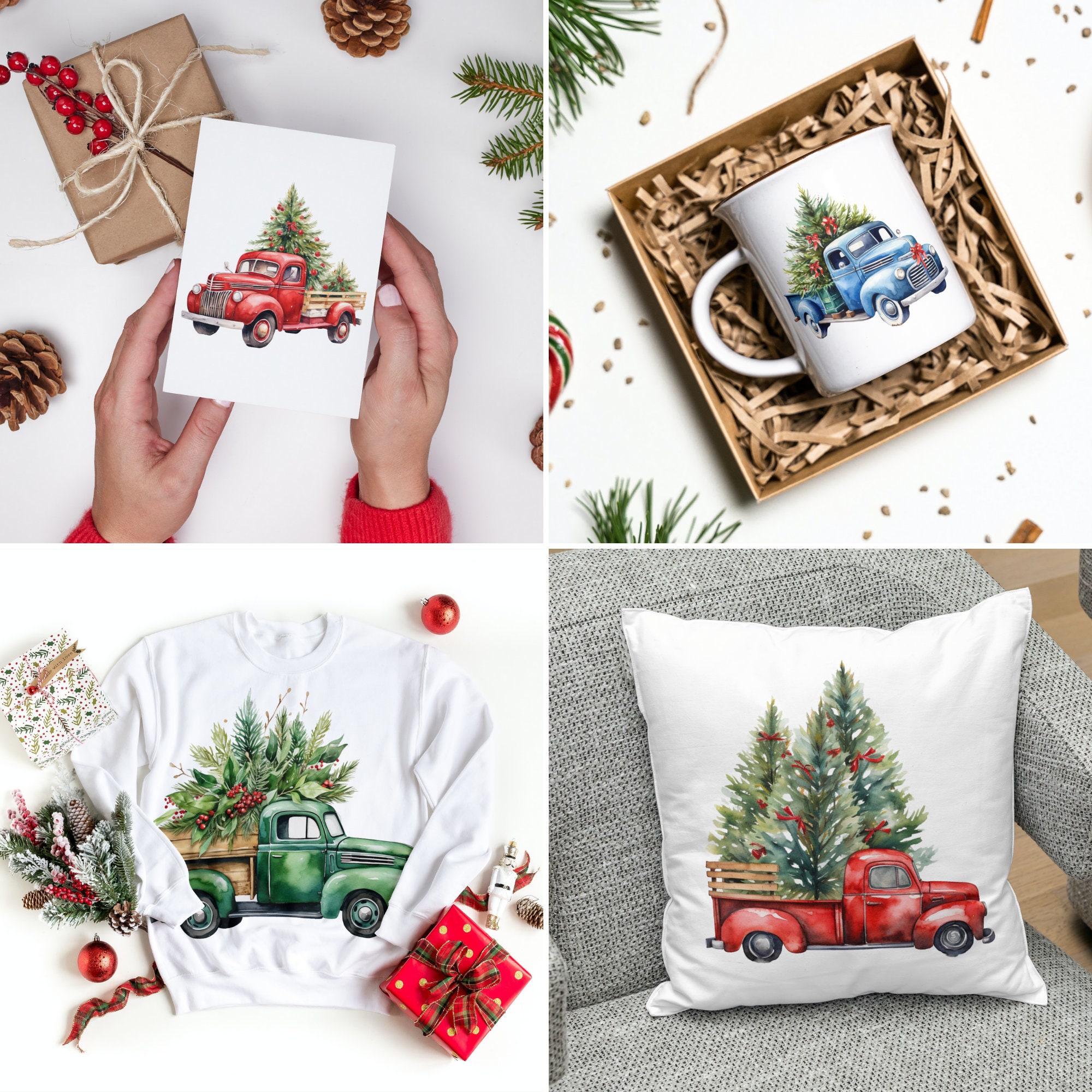 Watercolor Christmas Retro Truck Clipart, Christmas Decorations Clipart ...