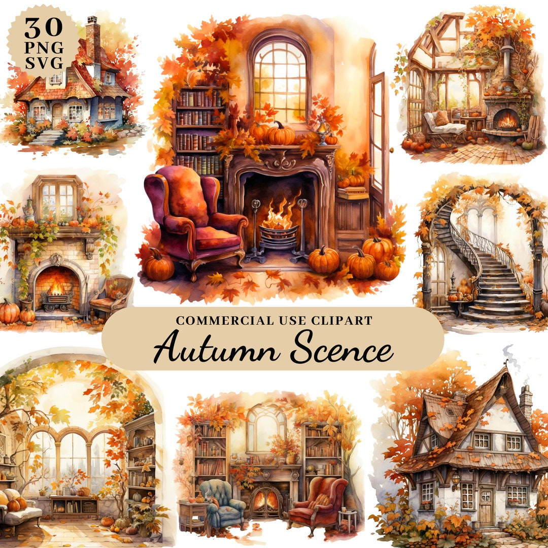 Watercolor Autumn Scences Clipart Bundle, Autumn Fall Farmhouse, Cozy ...