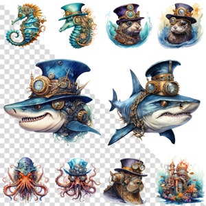 Watercolor Steampunk Ocean Animals Clipart Bundle, Steampunk Animal ...