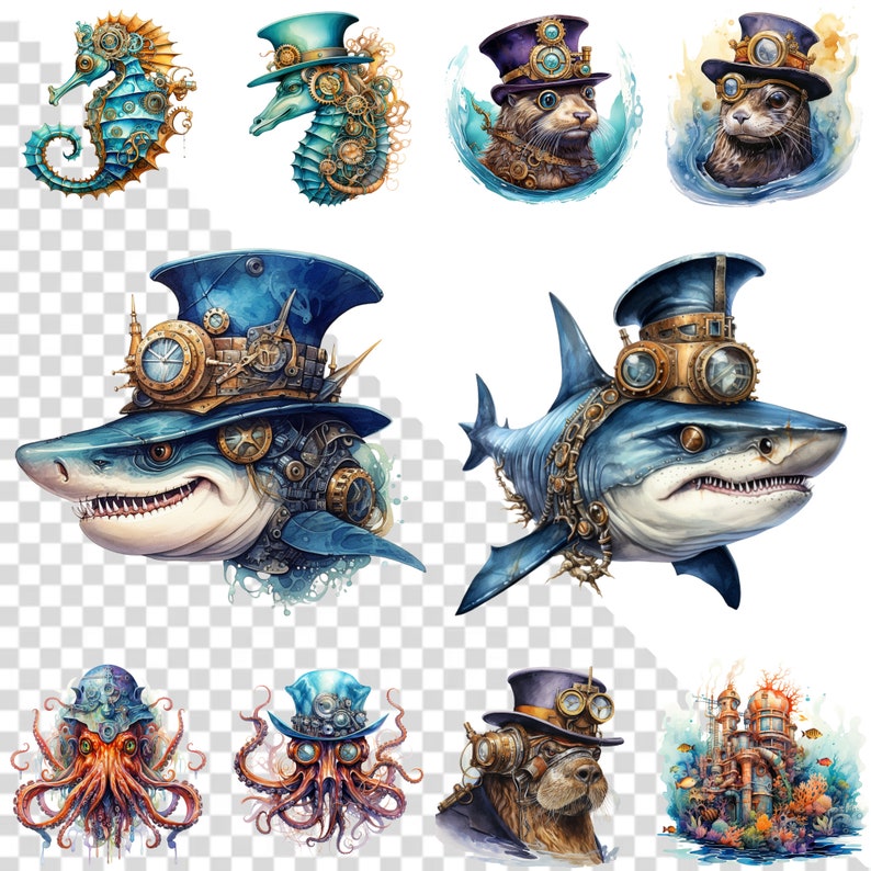Watercolor Steampunk Ocean Animals Clipart Bundle, Steampunk Animal ...