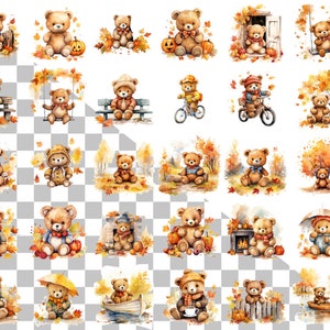 Watercolor Autumn Teddy Bear Clipart Bundle, Fall Scenery Clipart, Baby ...
