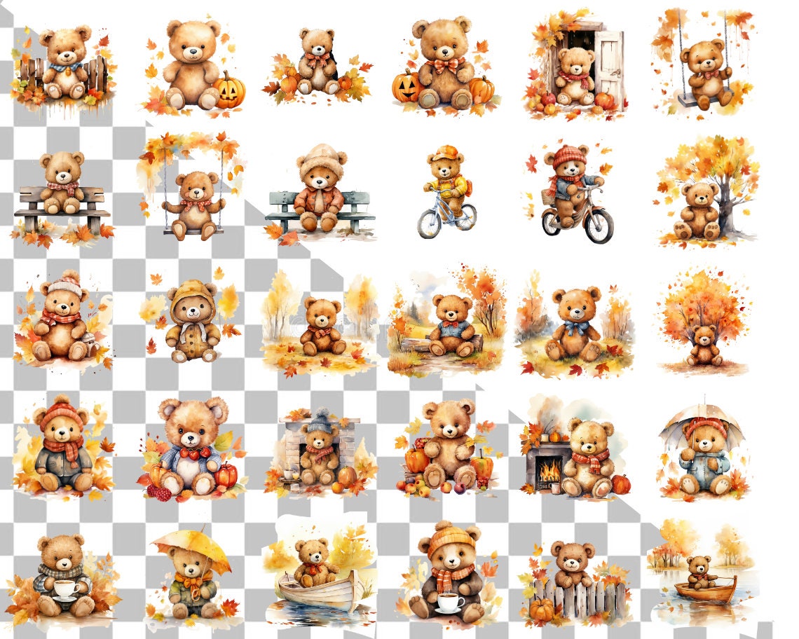 Watercolor Autumn Teddy Bear Clipart Bundle, Fall Scenery Clipart, Baby ...