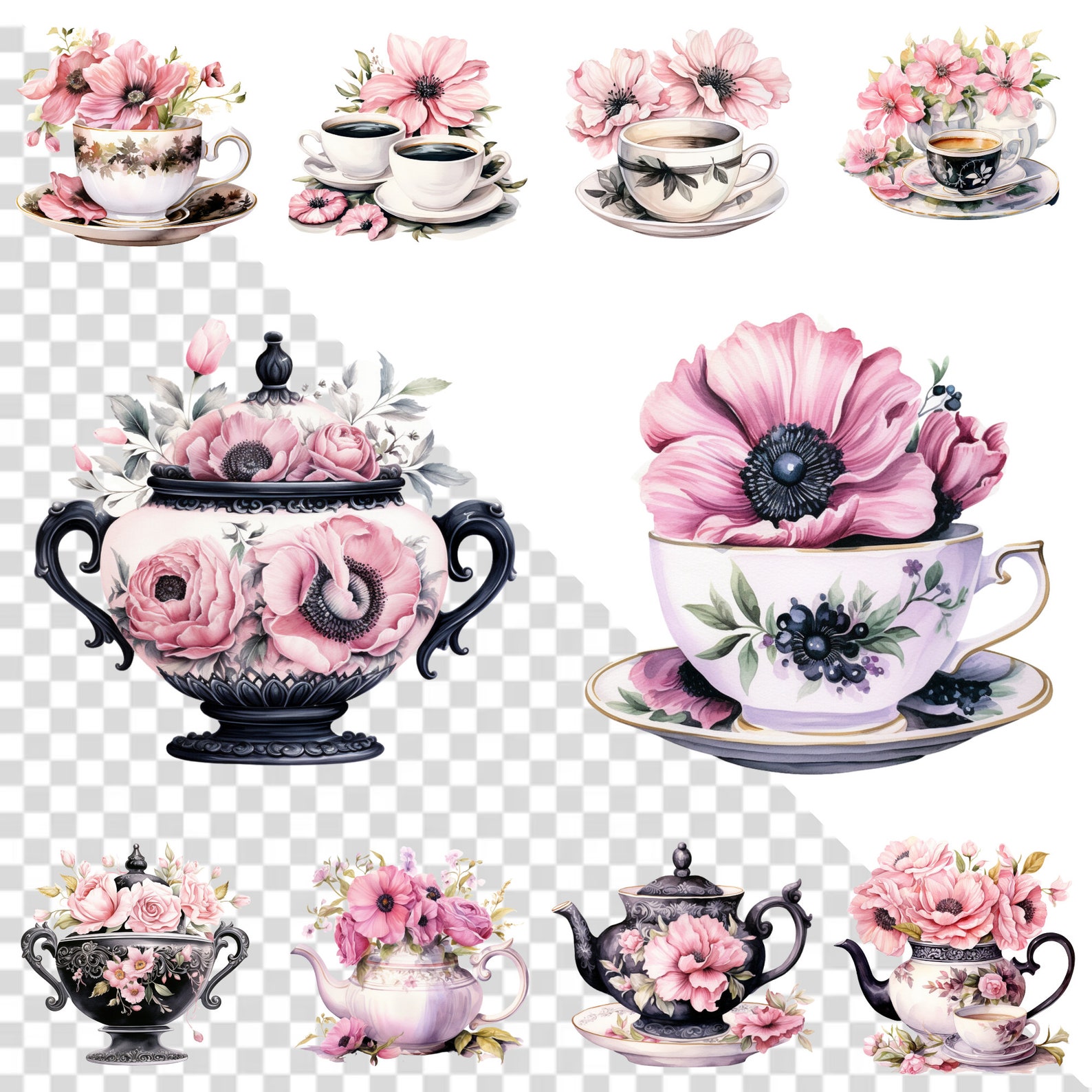 Watercolor Pink Tea Clipart, Coffee Cups Clipart, Pink and Black Flower ...