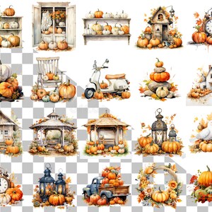 Watercolor Pumpkin Garden Clipart Bundle, Fall Scences Clipart, Autumn ...