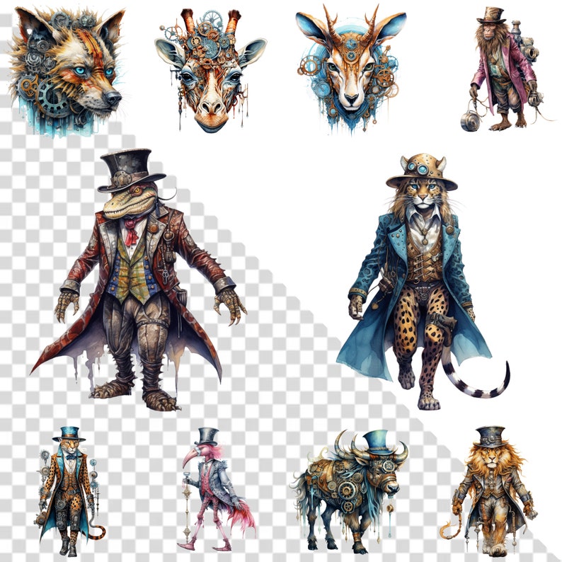 Watercolor Steampunk Safari Animals Clipart Bundle - Etsy