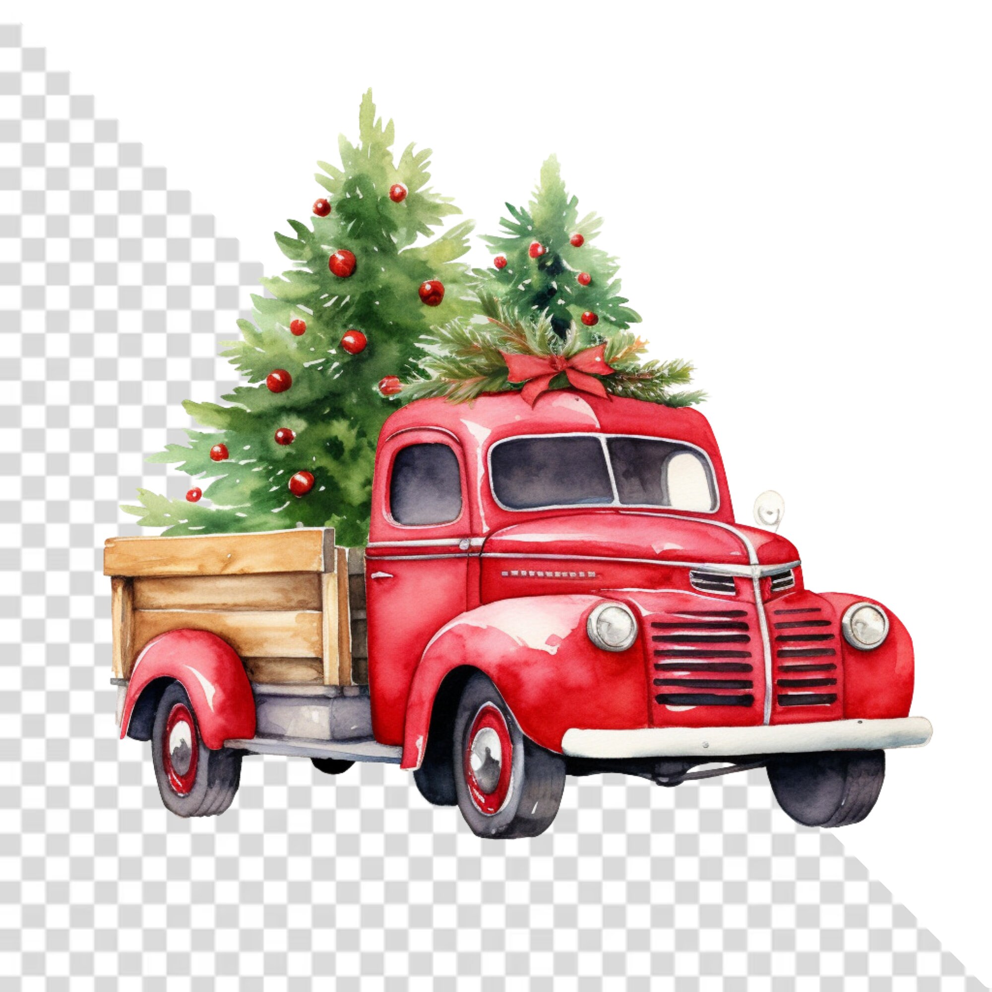 Watercolor Christmas Retro Truck Clipart, Christmas Decorations Clipart ...