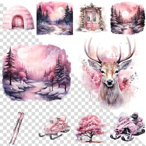 Watercolor Pink Winter Season Clipart Bundle, Winter Holidays Clip Art ...
