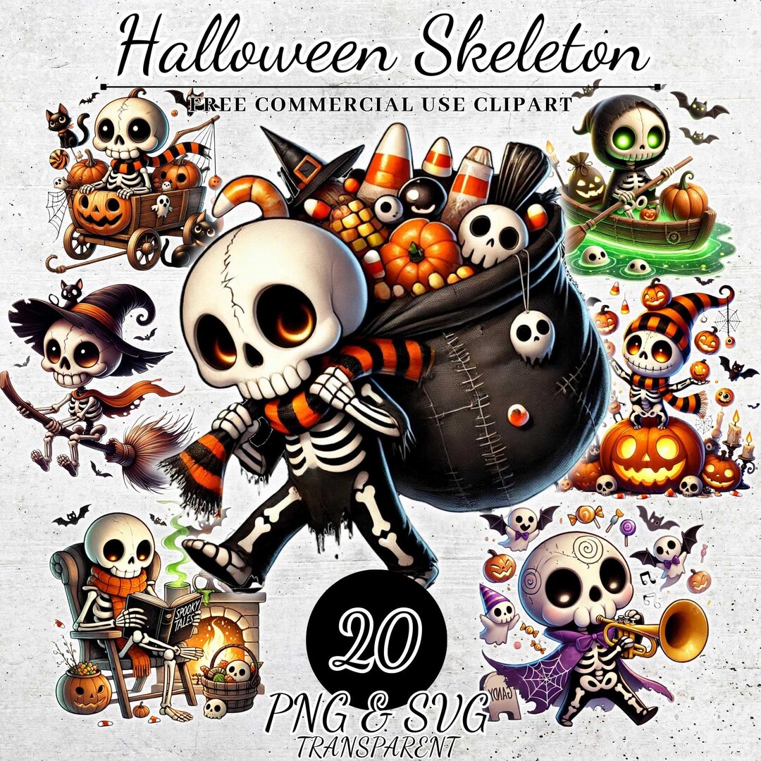 Cute Halloween Skeleton Clipart, Spooky Skeleton Clipart, Halloween ...