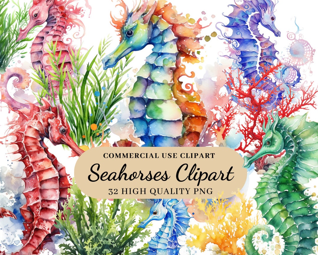 32 PNG Watercolor Seahorse Clipart, Nautical Ocean Animals, Designing ...