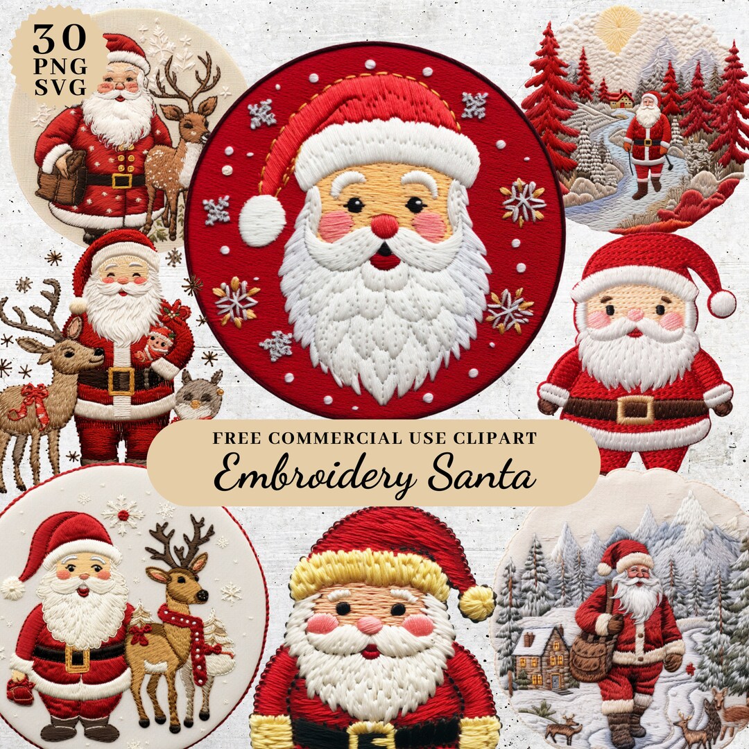 Santa Claus Embroidery Clipart - Christmas Digital Decorations - Winter ...
