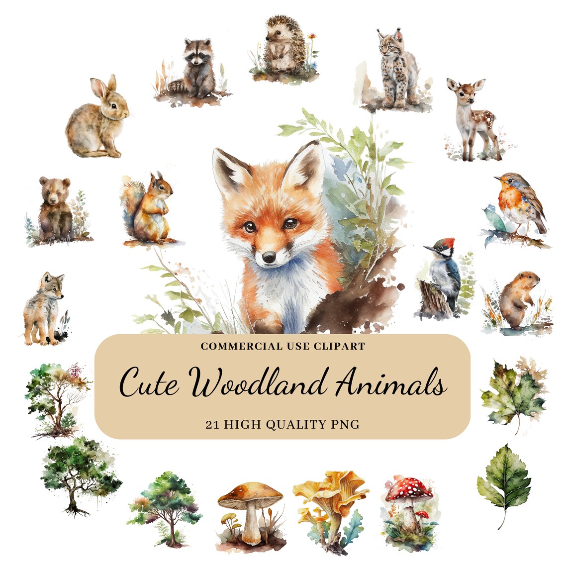 Woodland Animals Clipart Watercolor, Nursery Decor Clipart, Commercial ...