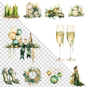 Watercolor Happy New Year Clipart, Gold New Years Decorations PNG SVG ...