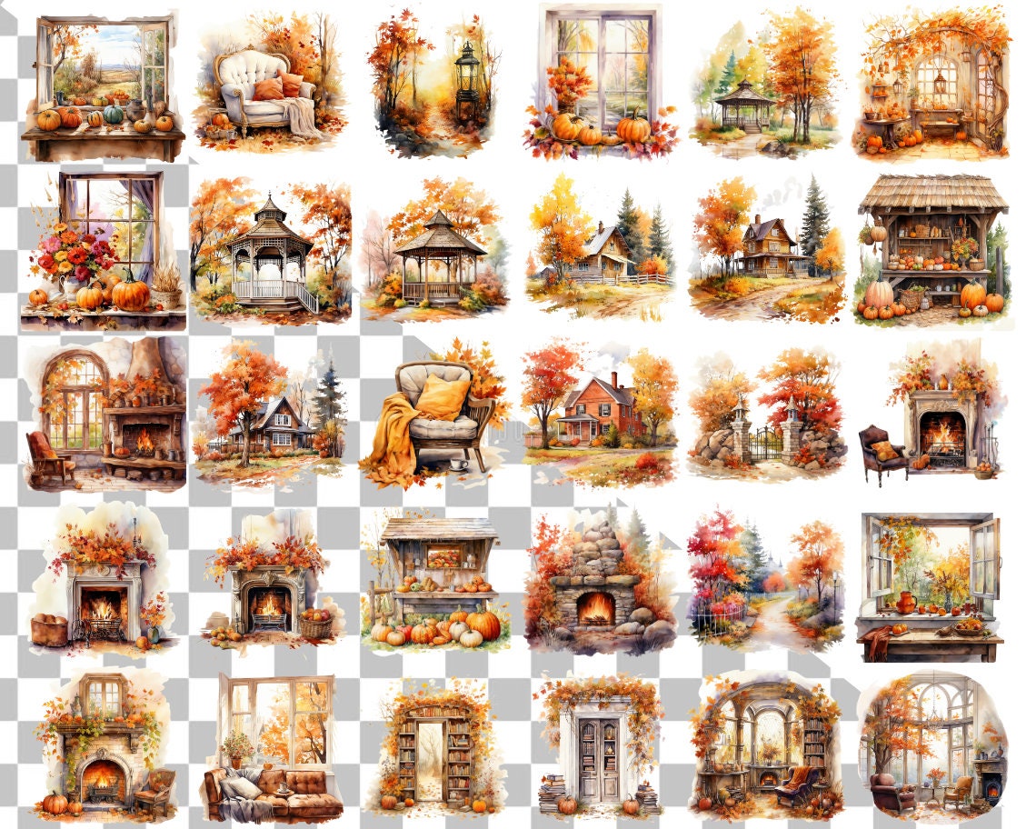 Watercolor Fall Scences Clipart Bundle, Autumn Fall Farmhouse, Cozy ...