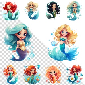 Watercolor Cute Mermaid Clipart, Little Mermaid Clipart PNG SVG, Under ...