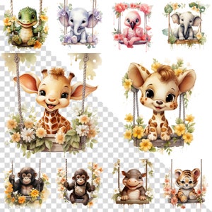 Watercolor Cute Baby Animals on Swing Clipart, Printables Birthday ...