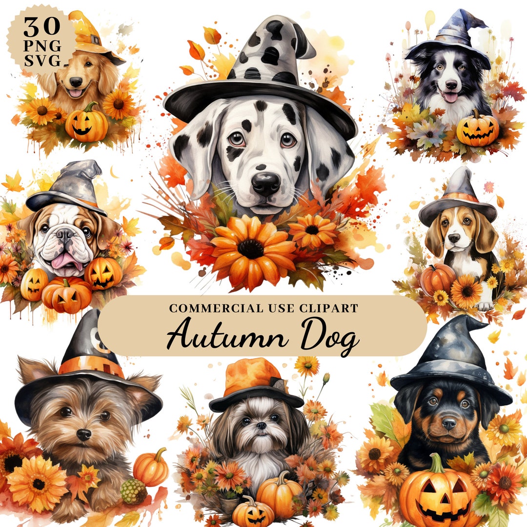 Watercolor Autumn Dog Pumpkin Flowers Clipart, Cozy Fall Clipart Set ...