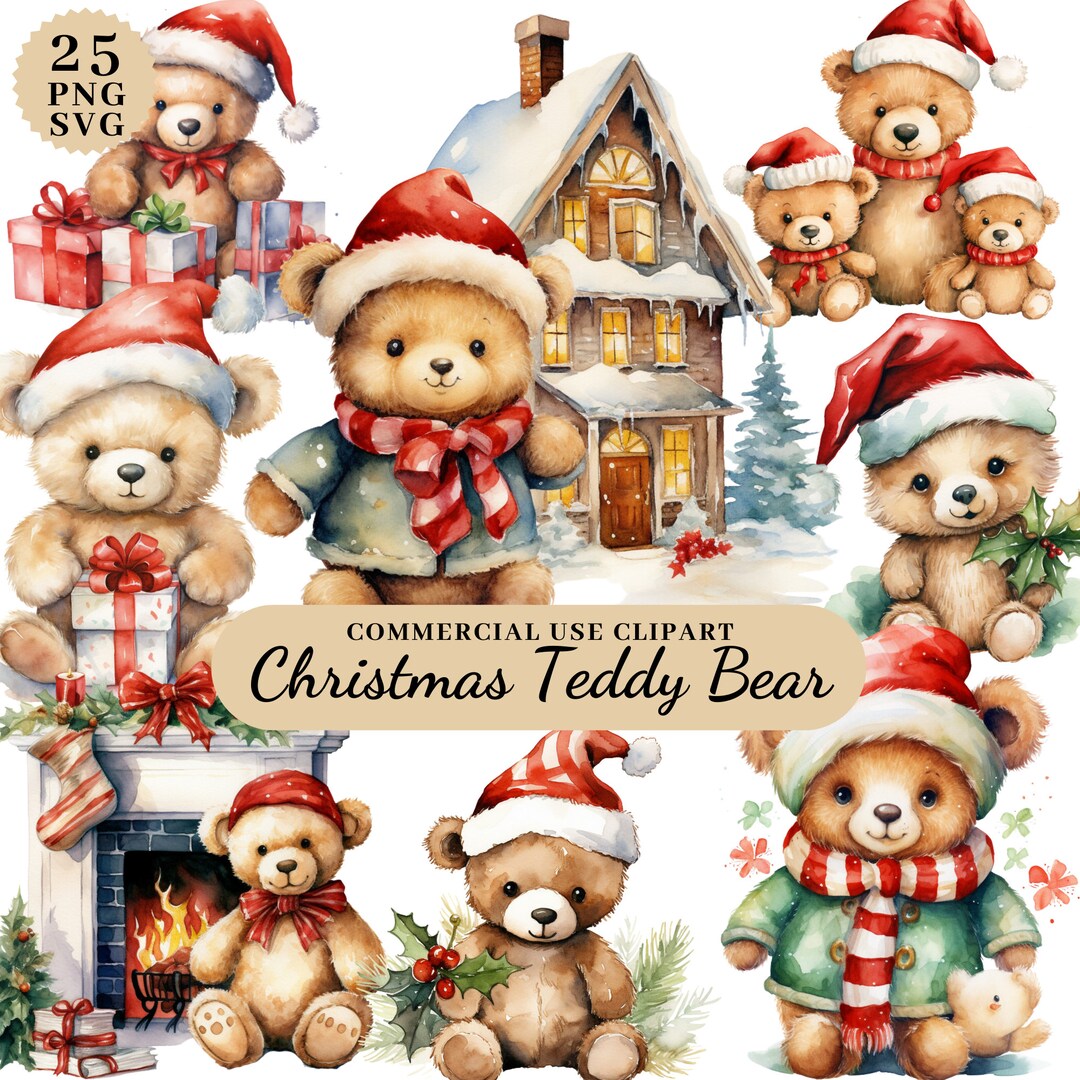 Watercolor Christmas Teddy Bear Clipart, Christmas Decorations Clipart ...