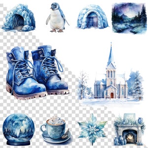 Watercolor Blue Winter Scene Clipart Bundle, Christmas Decorations ...